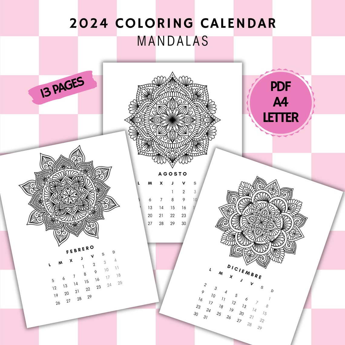 2024 Calendar Printable, Mandalas Calendar 2024, Coloring Calendar 2024 ...
