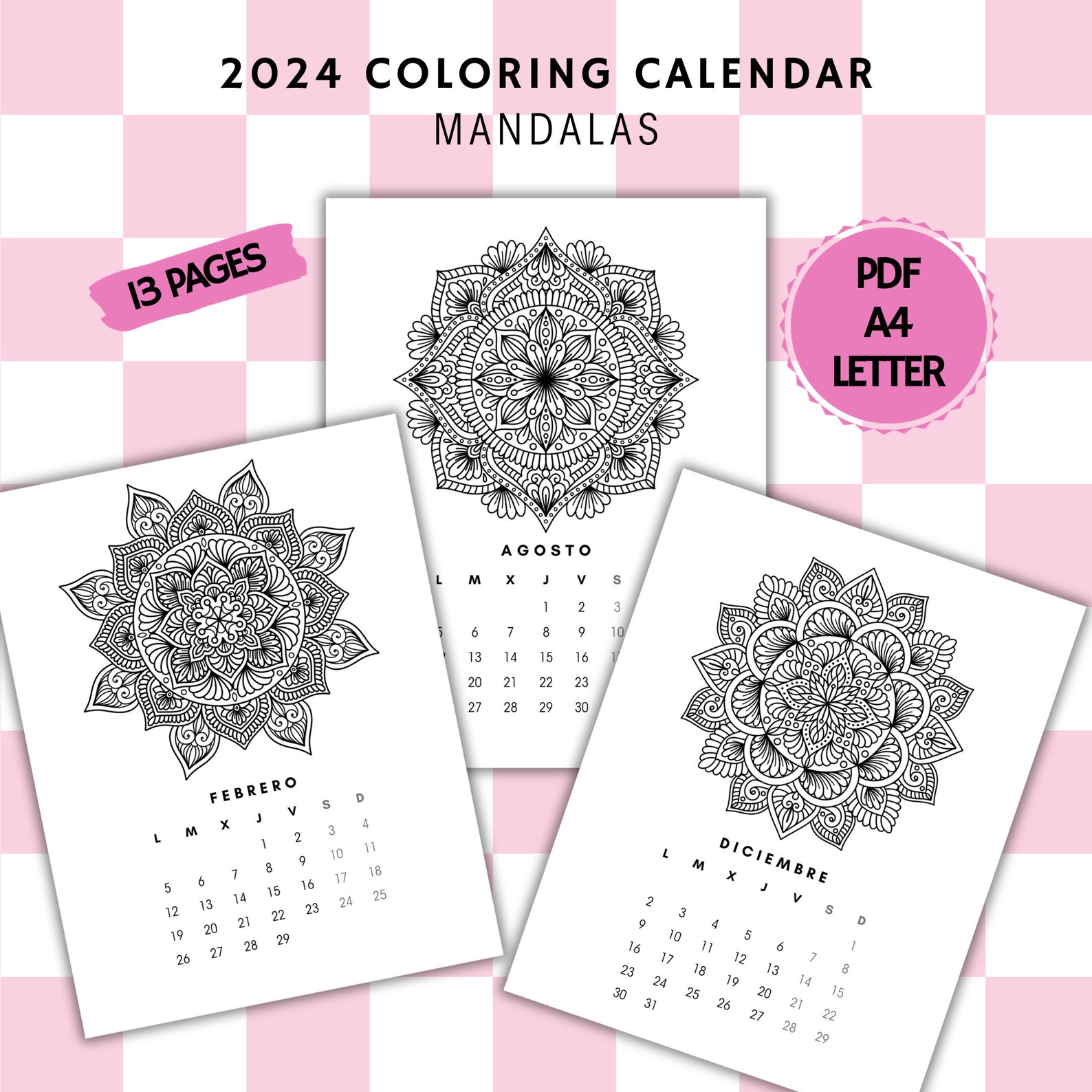 2024 Calendar Printable, Mandalas Calendar 2024, Coloring Calendar 2024 ...