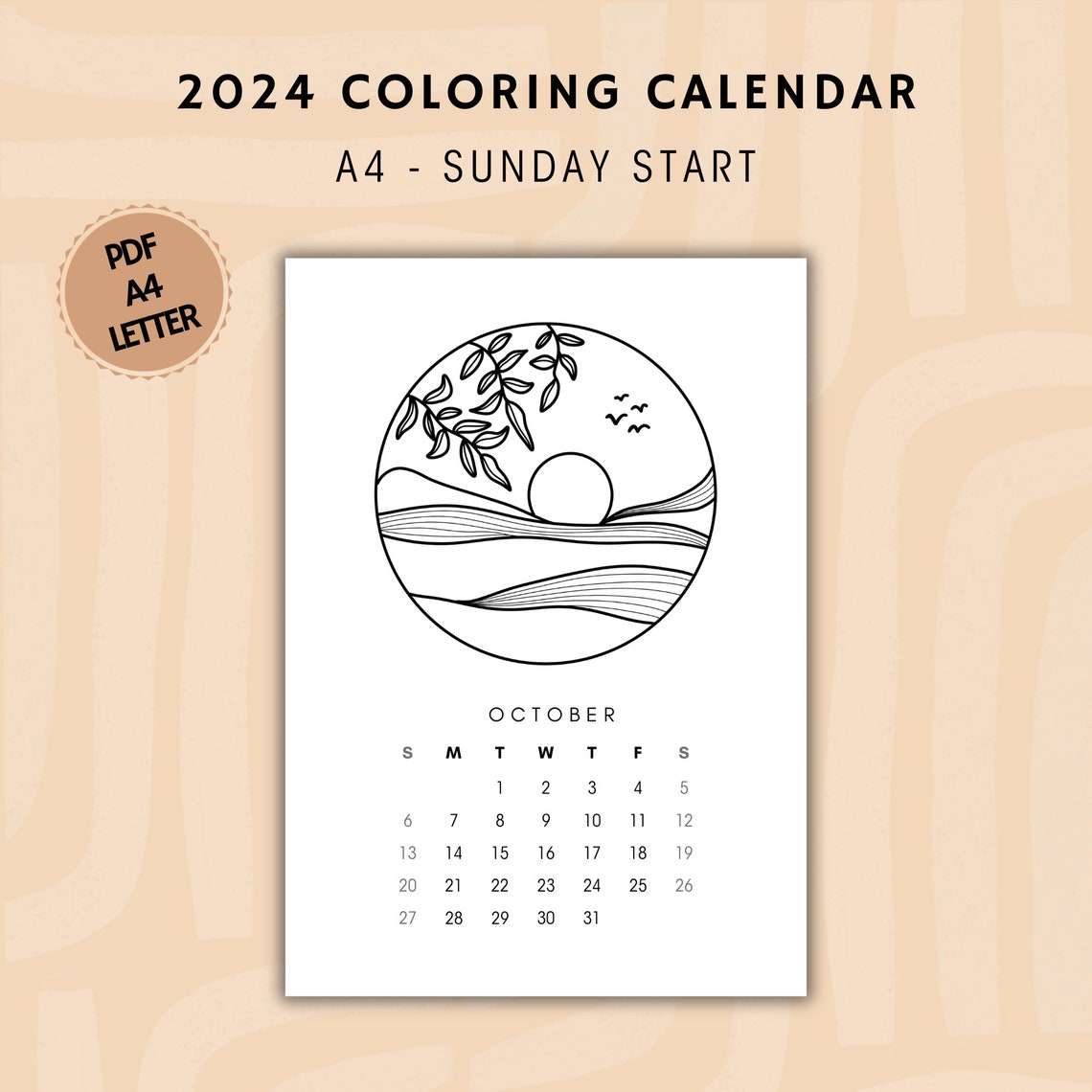 Boho Coloring Calendar 2024, Nature Coloring Calendar, 2024 Monthly ...