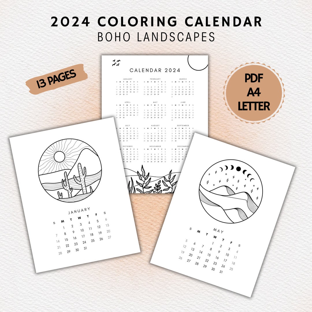 Boho Coloring Calendar 2024 Nature Coloring Calendar 2024 - Etsy