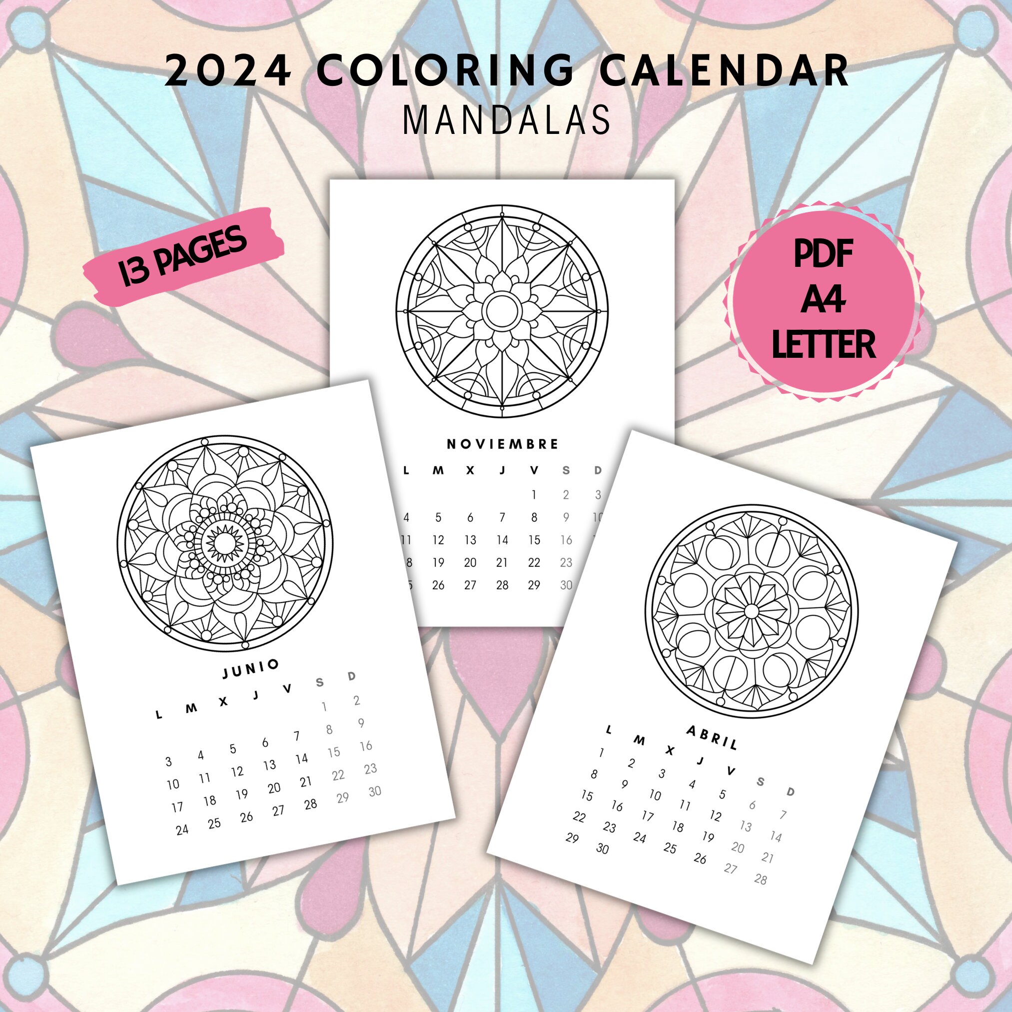 Mandala Coloring Calendar 2024, Mandala Coloring Pages, 2024 Mandala ...