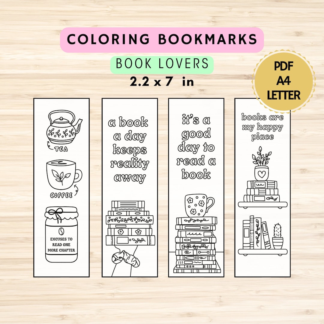 Book Lovers Coloring Bookmarks, Bookworms Printable Bookmarks for Kids ...