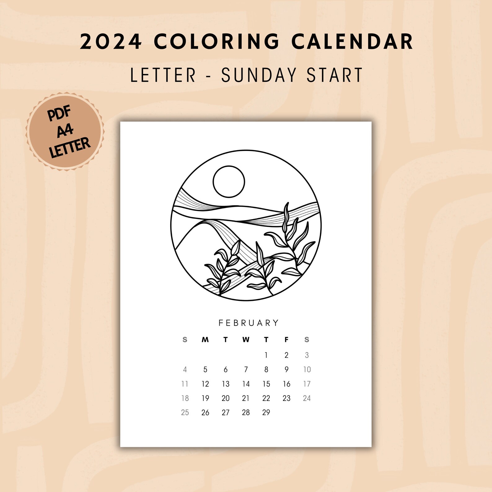 Boho Coloring Calendar 2024, Nature Coloring Calendar, 2024 Monthly ...