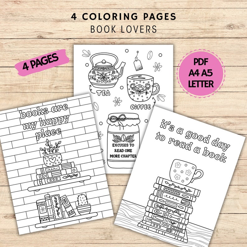 4 Book Lovers Coloring Pages Printable, Bookish Coloring Pages for ...
