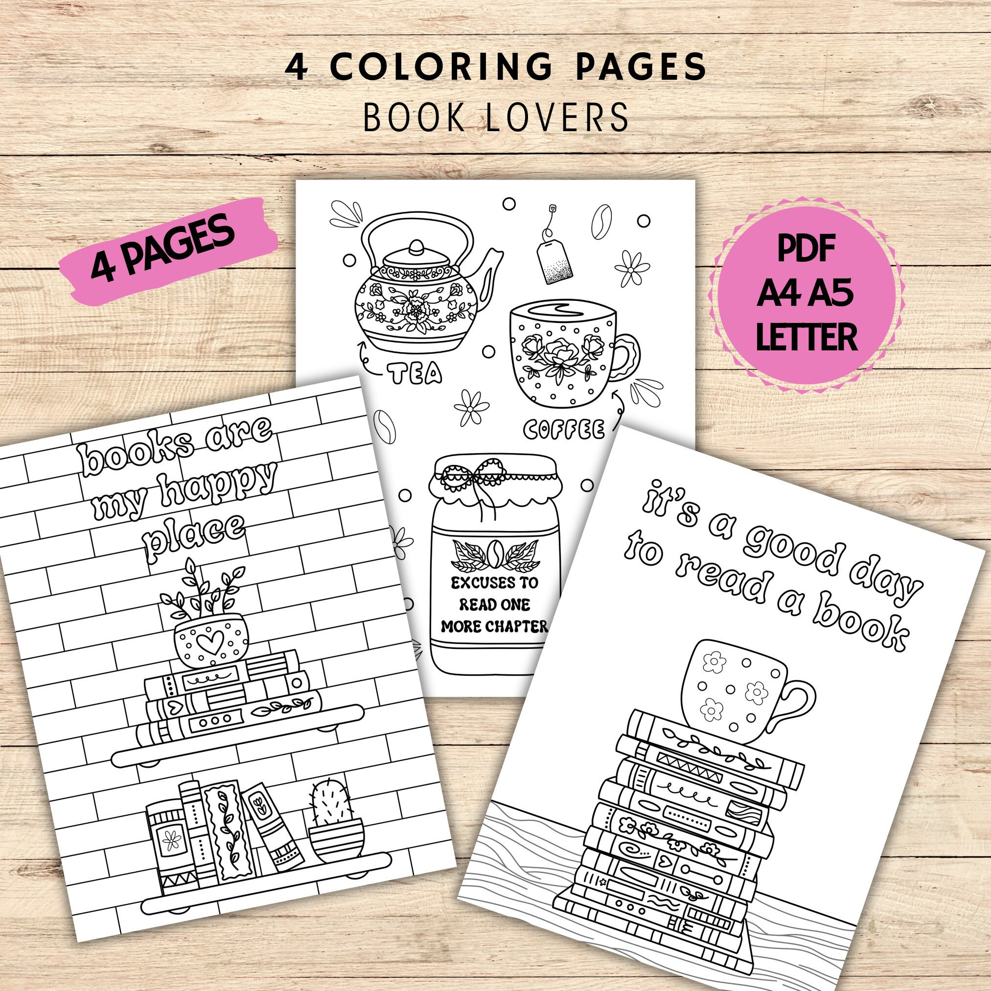 4 Book Lovers Coloring Pages Printable, Bookish Coloring Pages for ...
