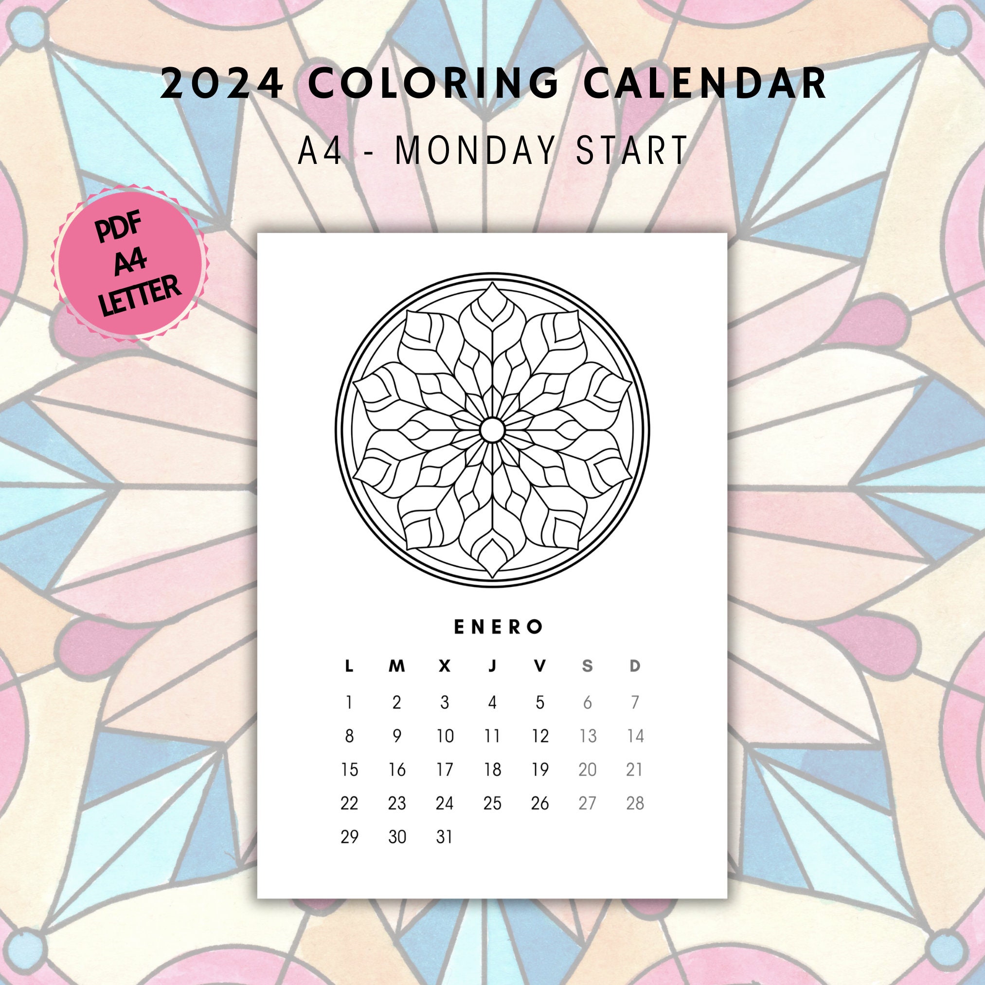 Mandala Coloring Calendar 2024, Mandala Coloring Pages, 2024 Mandala ...