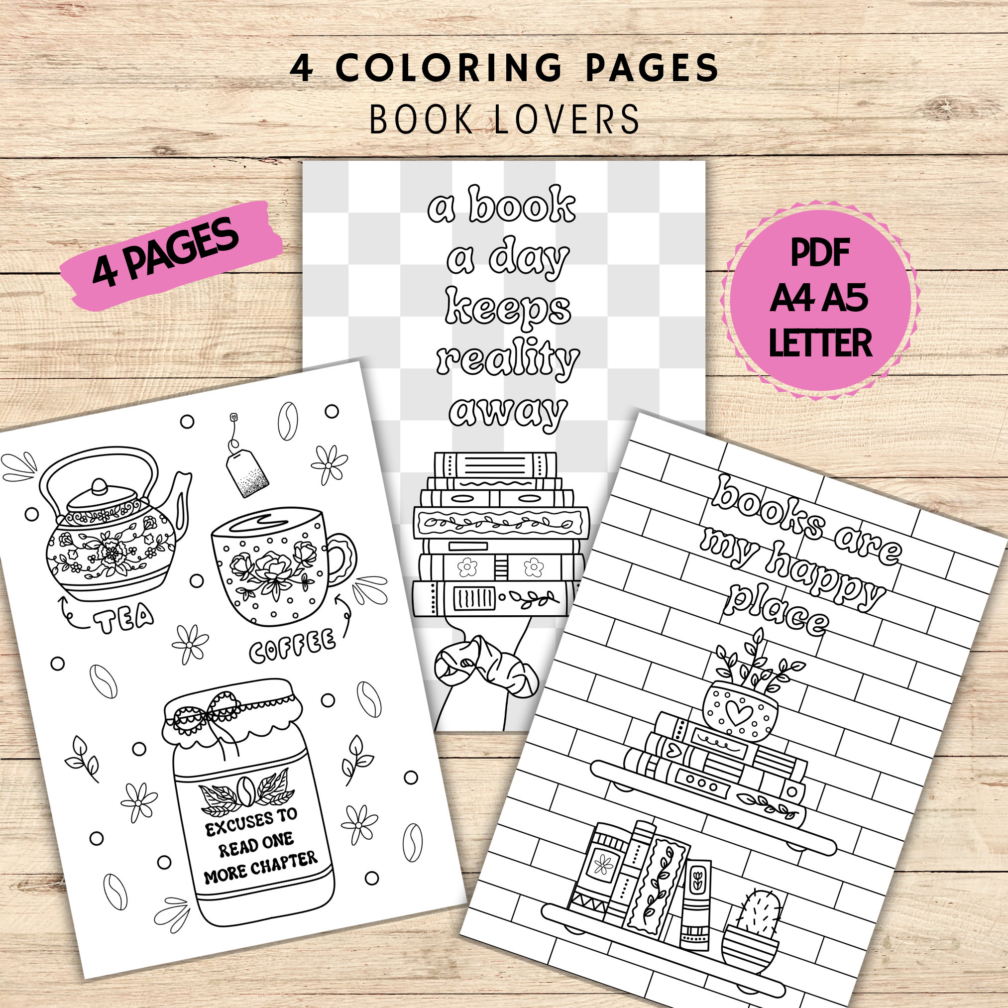 Book Lover Coloring Pages: 4 Printable Designs (PDF) - Etsy