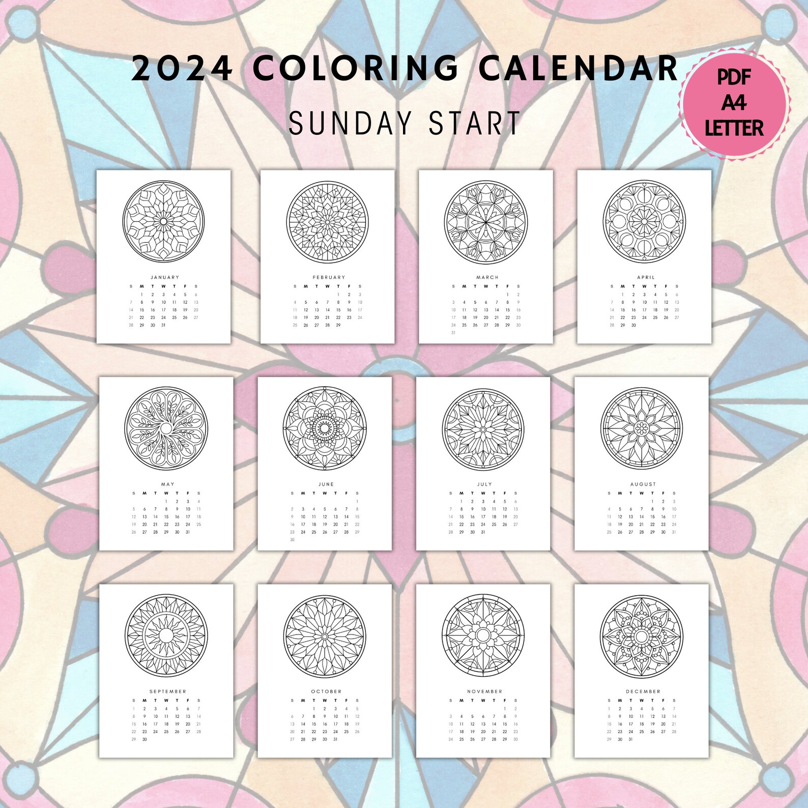 Mandala Coloring Calendar 2024, Mandala Coloring Pages, 2024 Mandala ...