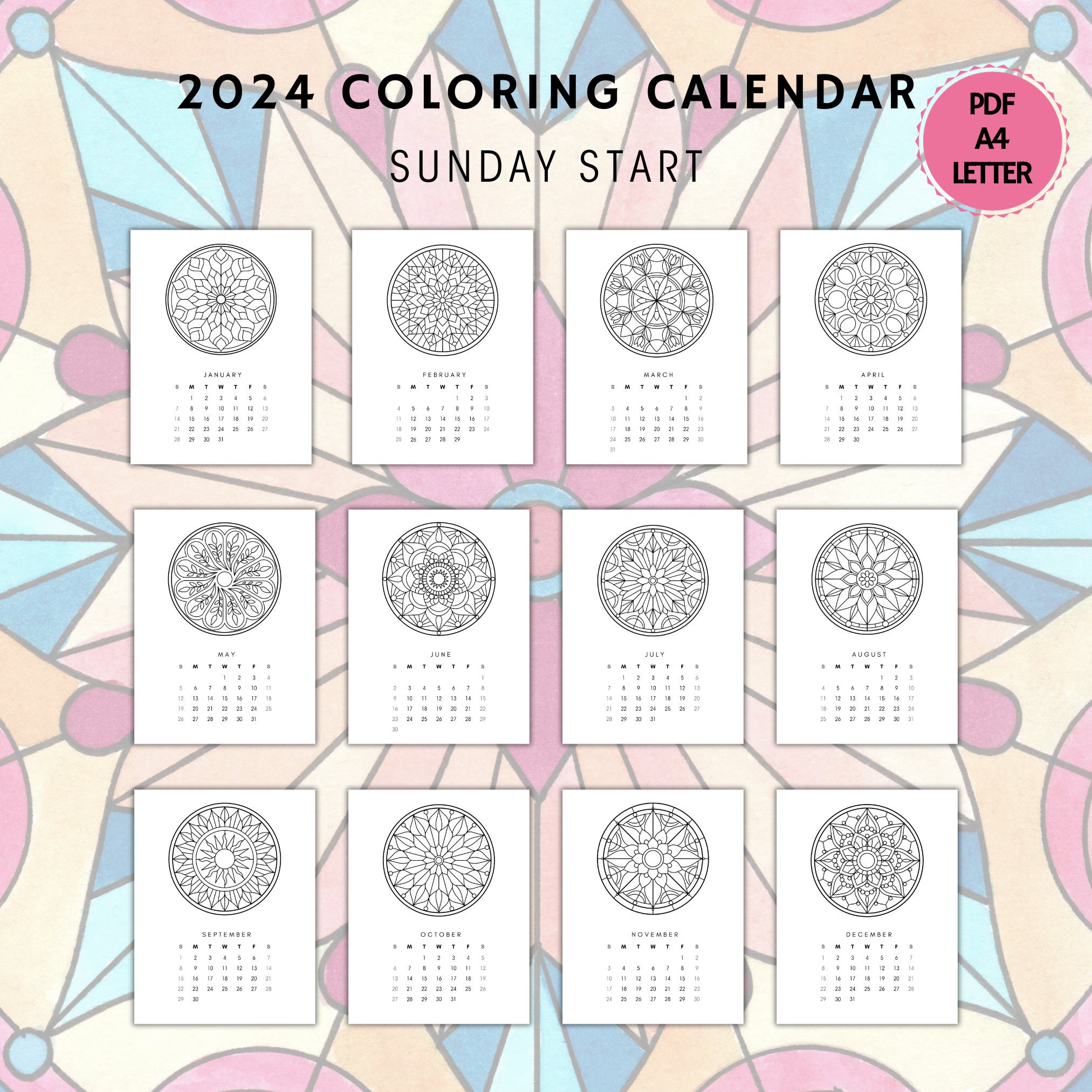 Mandala Coloring Calendar 2024, Mandala Coloring Pages, 2024 Mandala ...
