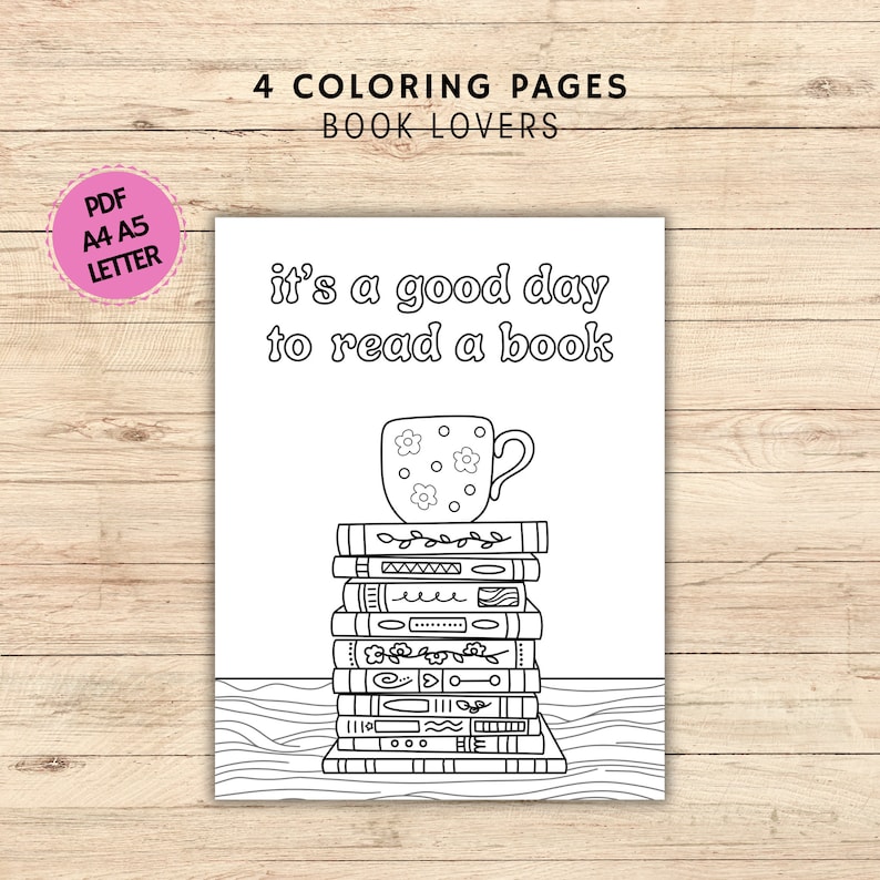 4 Book Lovers Coloring Pages Printable, Bookish Coloring Pages for ...