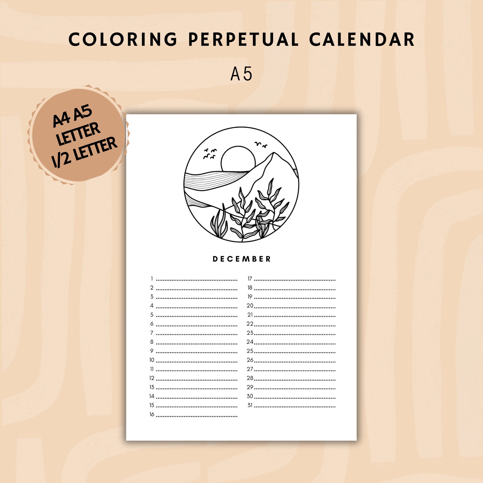 Coloring Perpetual Calendar, Birthday Calendar With Minimalist Scenery ...