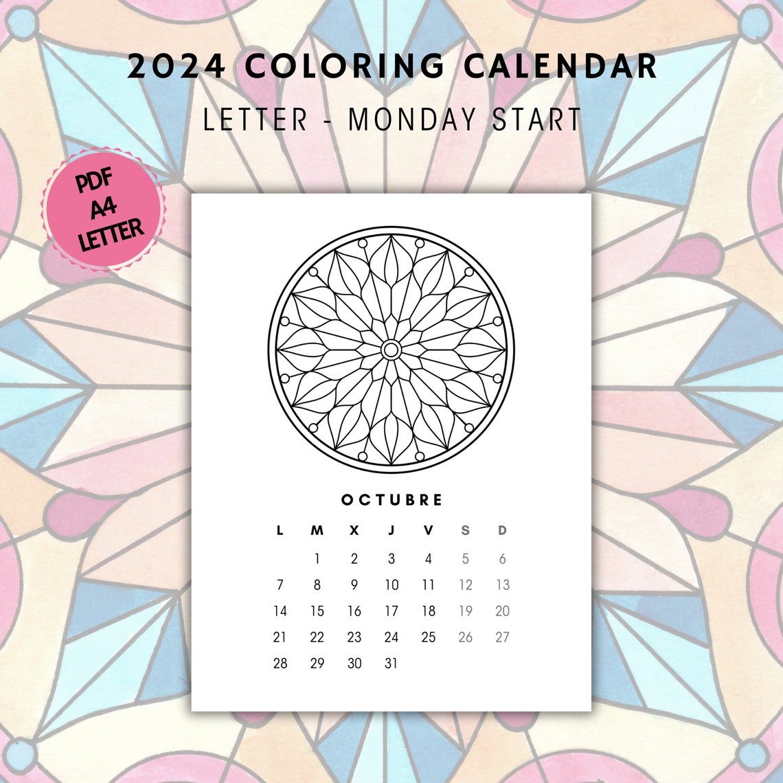 Mandala Coloring Calendar 2024, Mandala Coloring Pages, 2024 Mandala ...