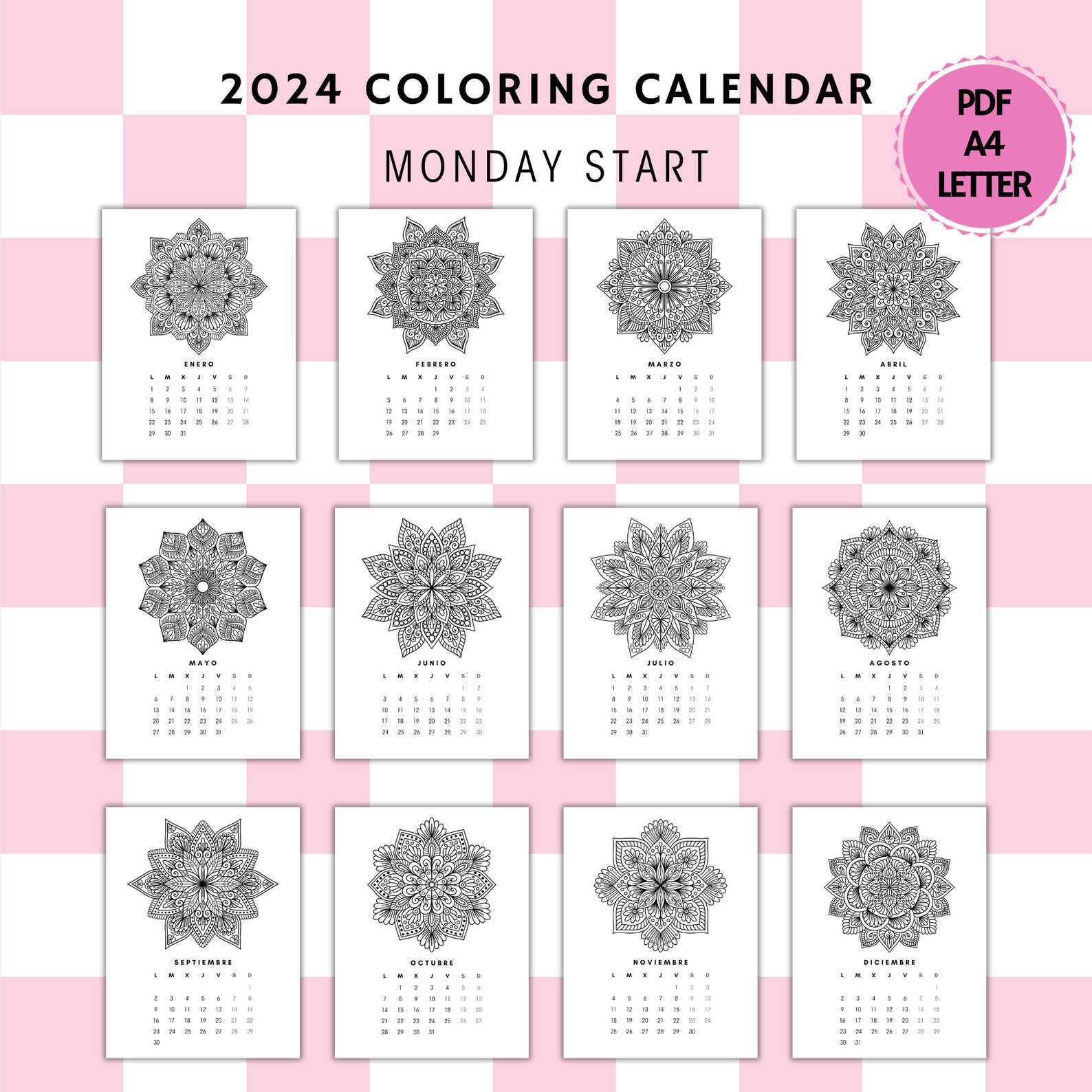 2024 Calendar Printable, Mandalas Calendar 2024, Coloring Calendar 2024 ...