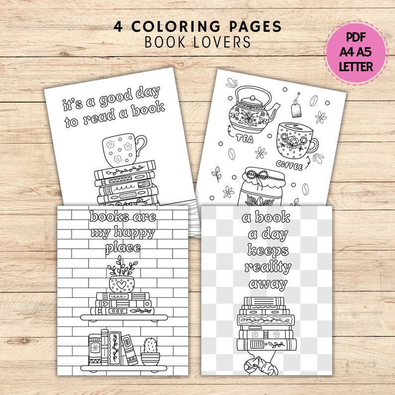 4 Book Lovers Coloring Pages Printable, Bookish Coloring Pages for ...
