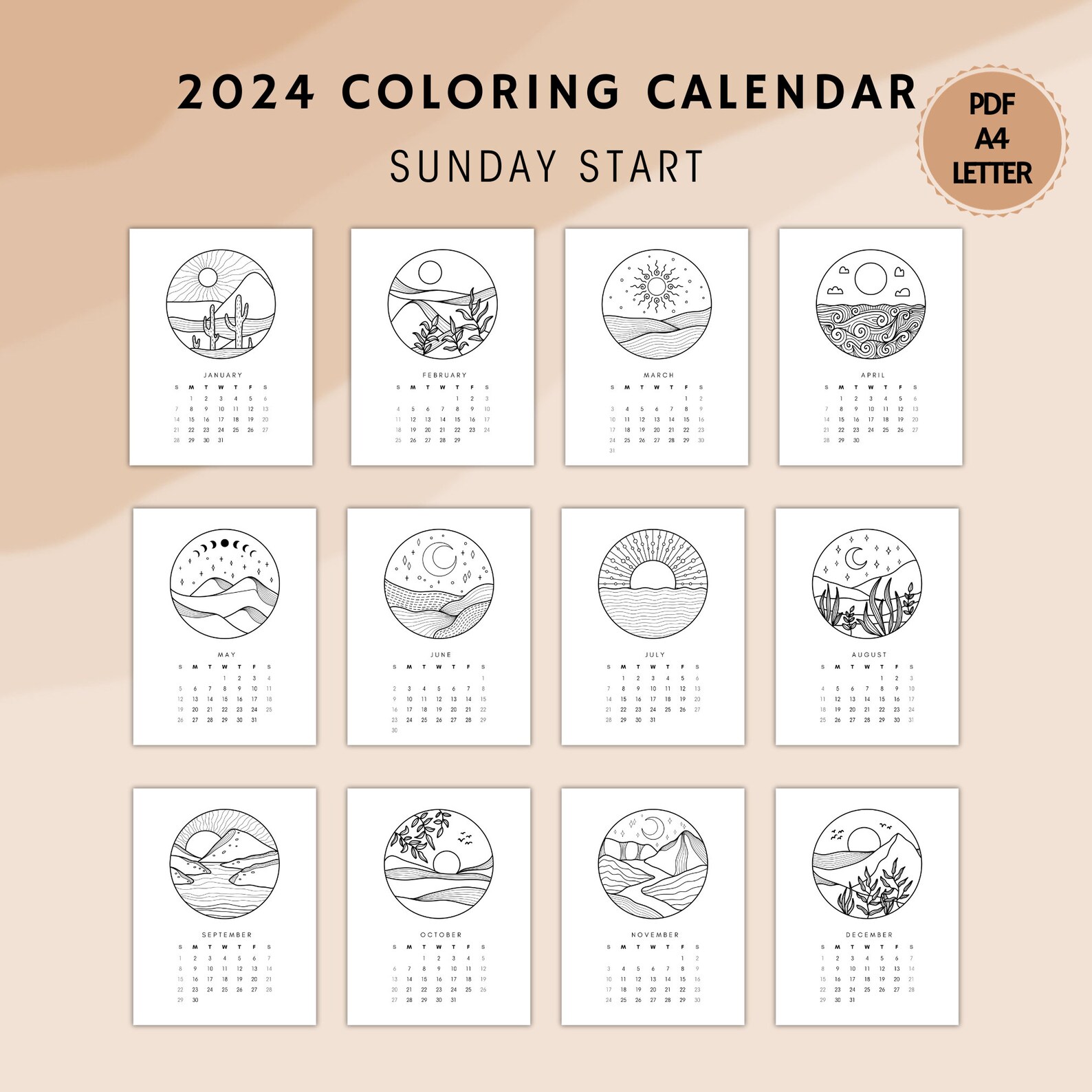 Boho Coloring Calendar 2024, Nature Coloring Calendar, 2024 Monthly ...