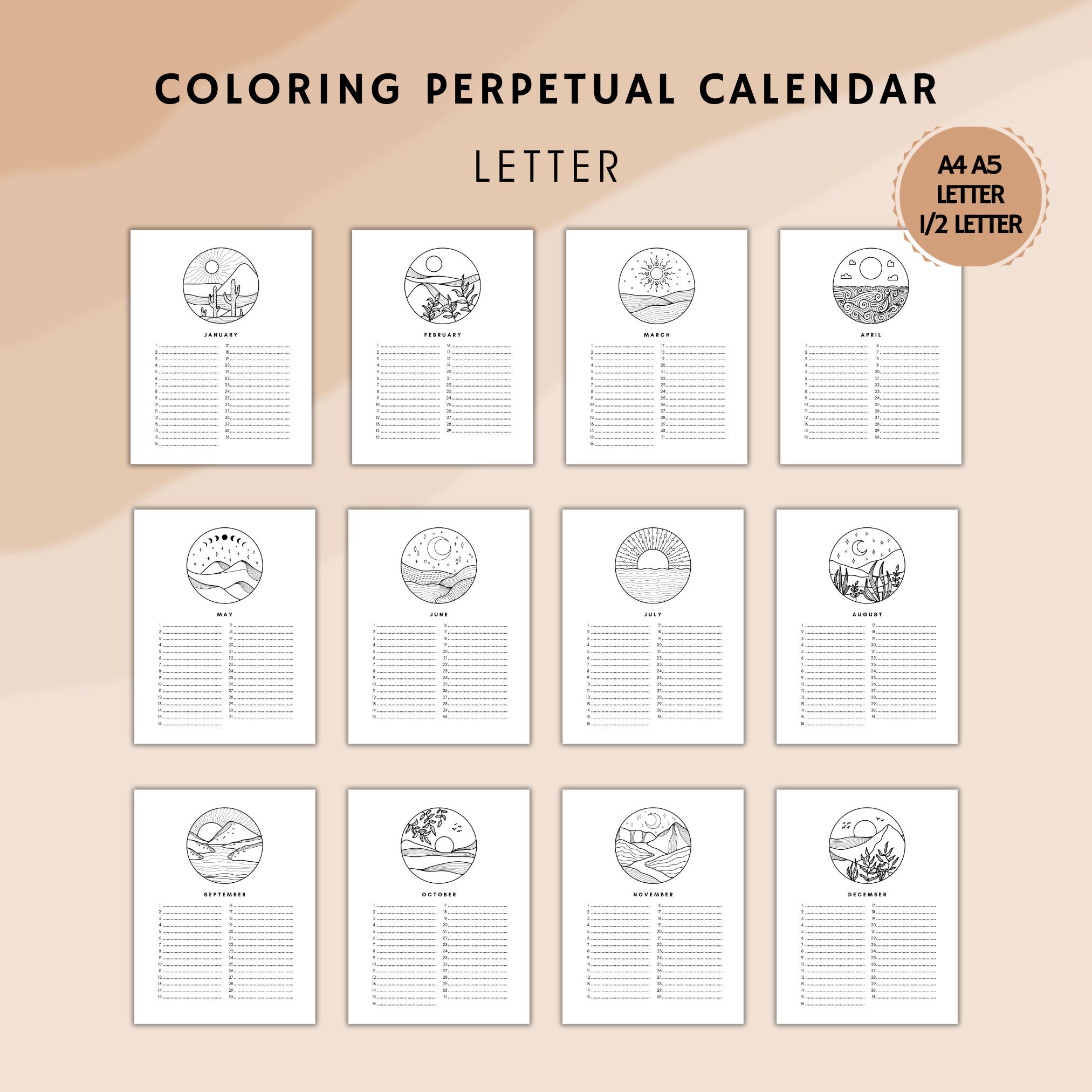Coloring Perpetual Calendar, Birthday Calendar With Minimalist Scenery ...