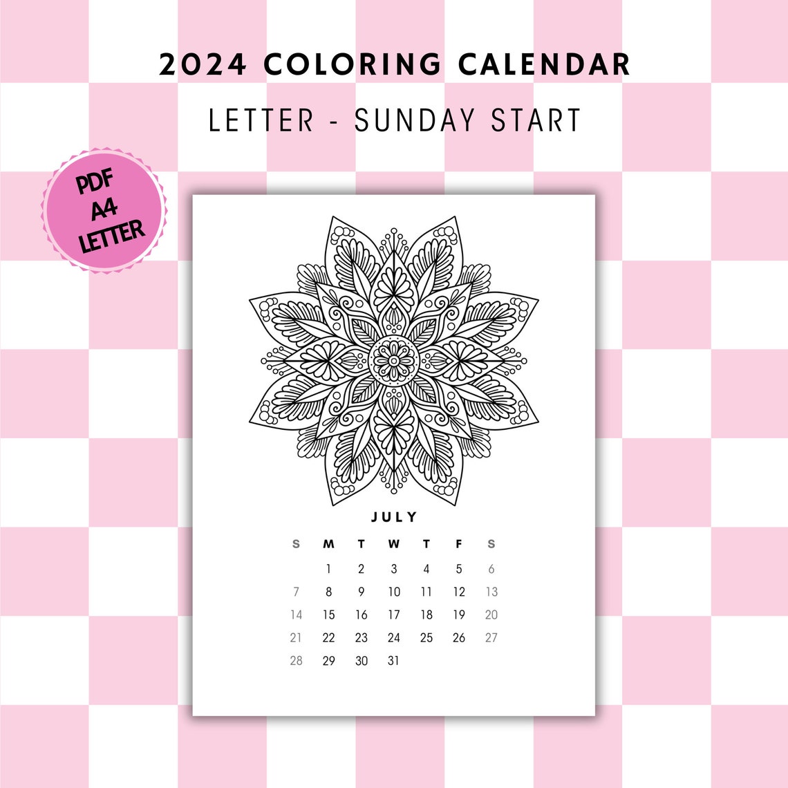 2024 Calendar Printable, Mandalas Calendar 2024, Coloring Calendar 2024 ...