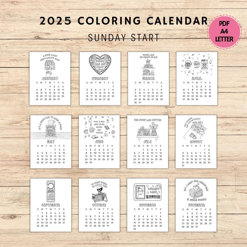 Calendar 2025 Book Lover, Coloring Calendar, Bookish Printable Calendar ...