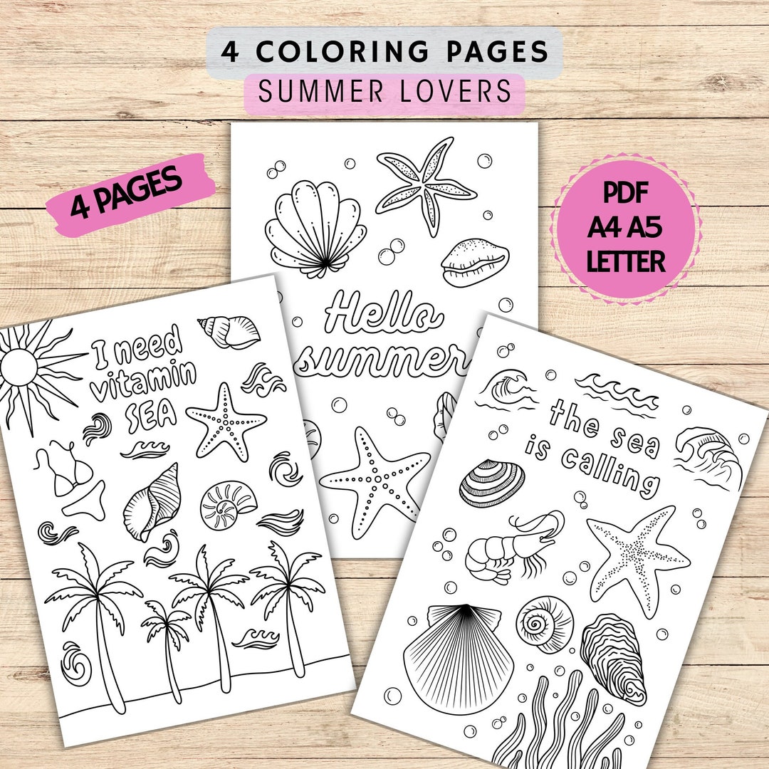 4 Summer Lovers Coloring Pages Printable, Sea Life Coloring Pages for ...