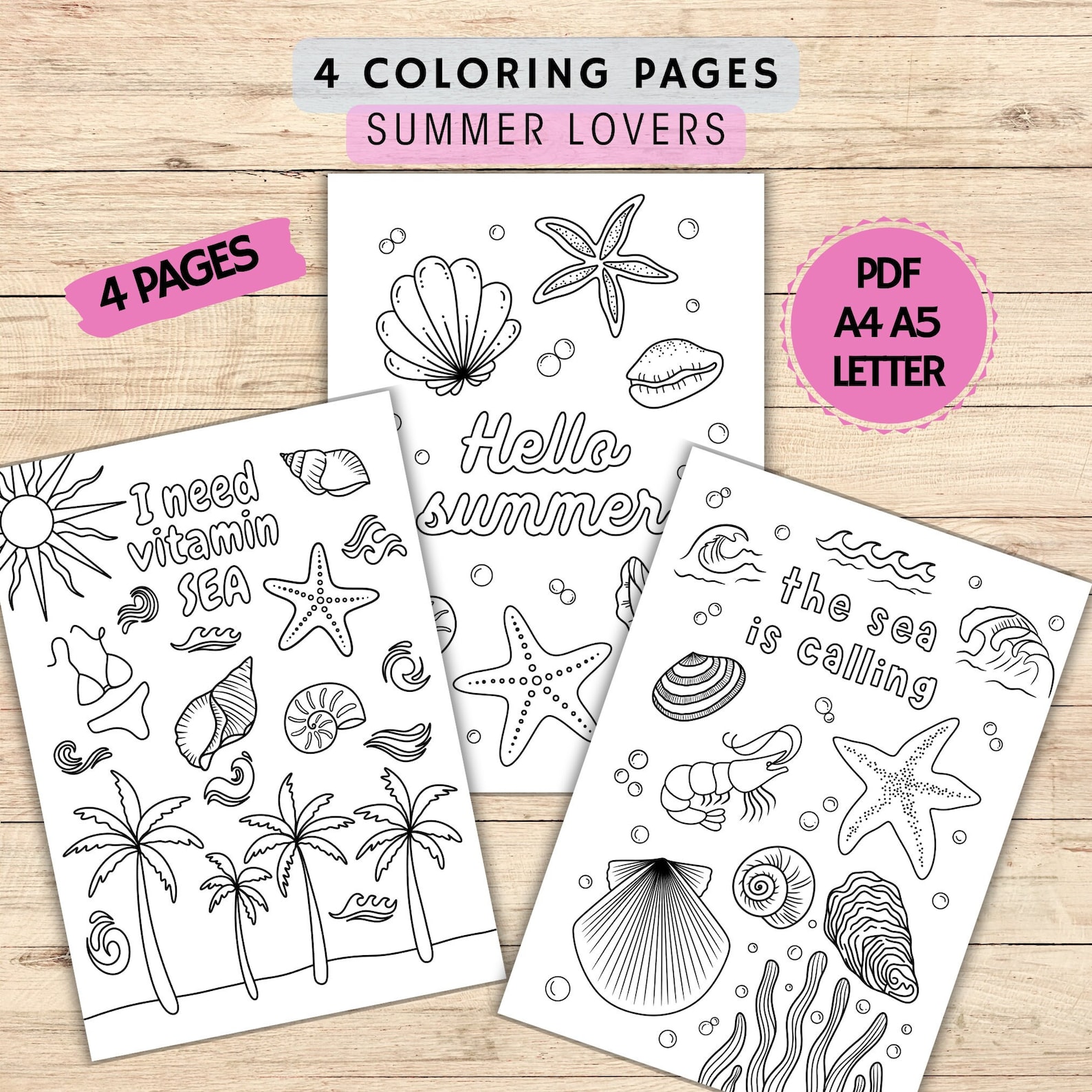 4 Summer Lovers Coloring Pages Printable, Sea Life Coloring Pages for ...
