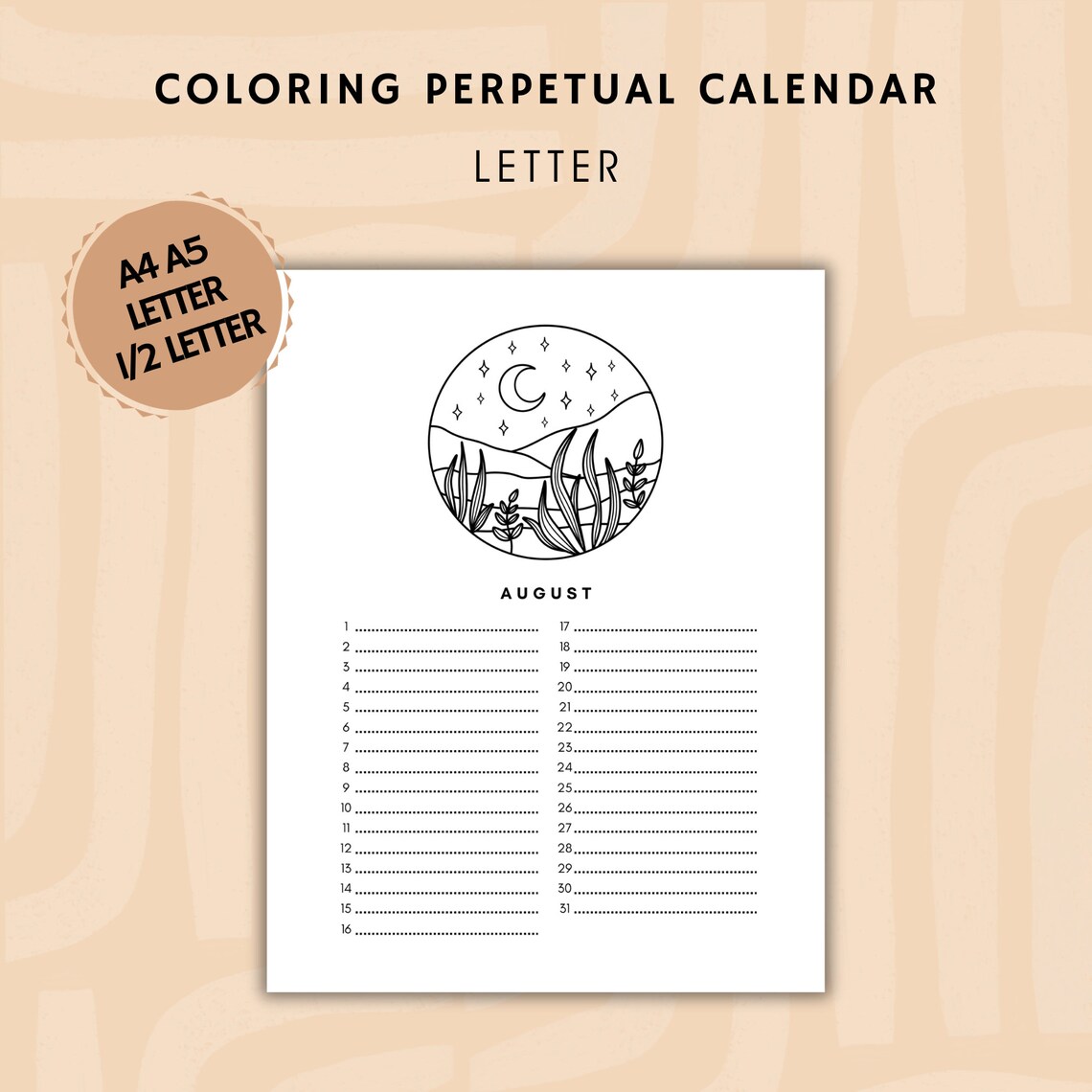 Coloring Perpetual Calendar, Birthday Calendar With Minimalist Scenery ...