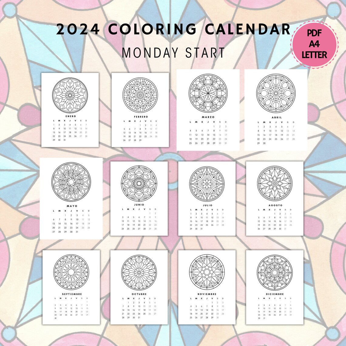 Mandala Coloring Calendar 2024, Mandala Coloring Pages, 2024 Mandala ...