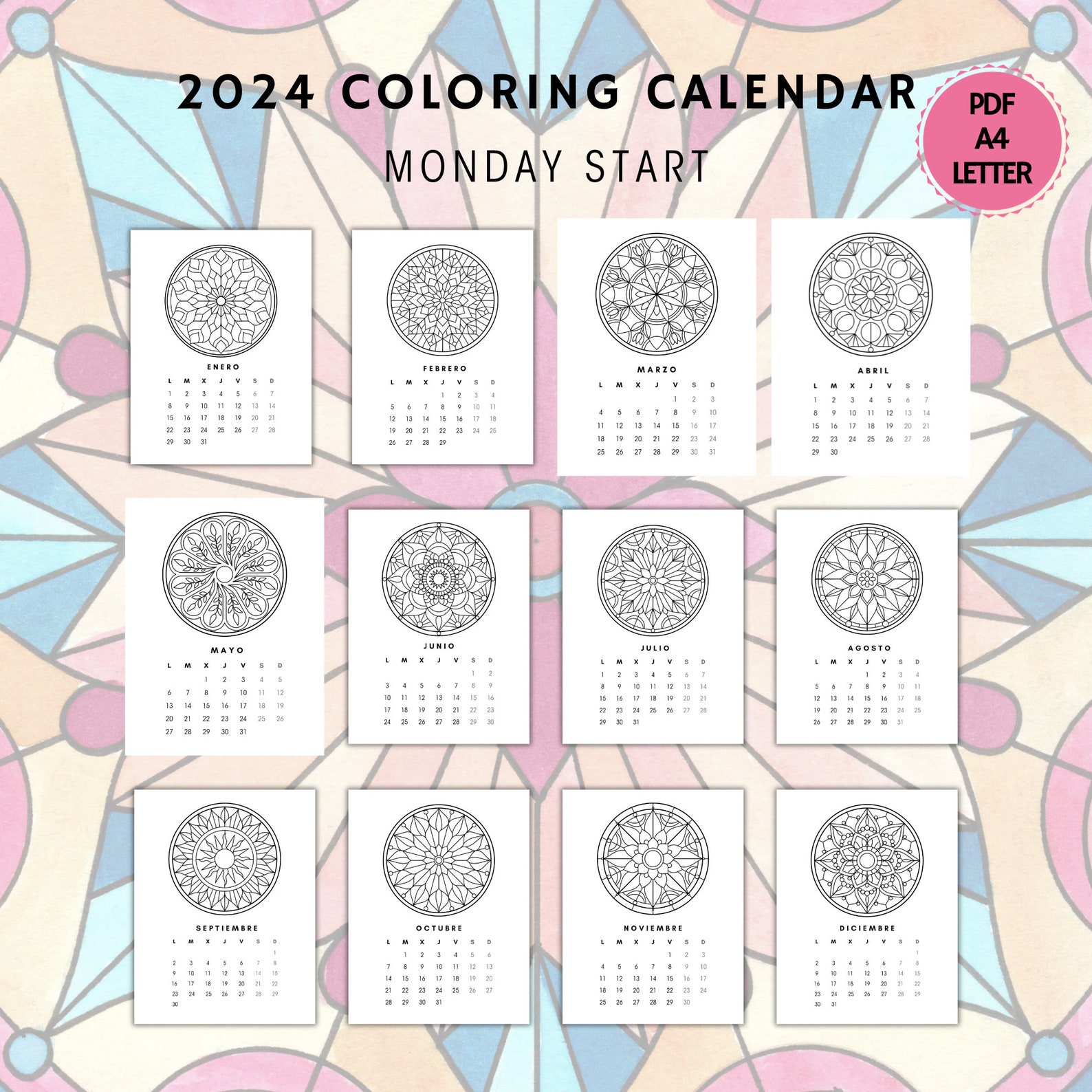 Mandala Coloring Calendar 2024, Mandala Coloring Pages, 2024 Mandala ...