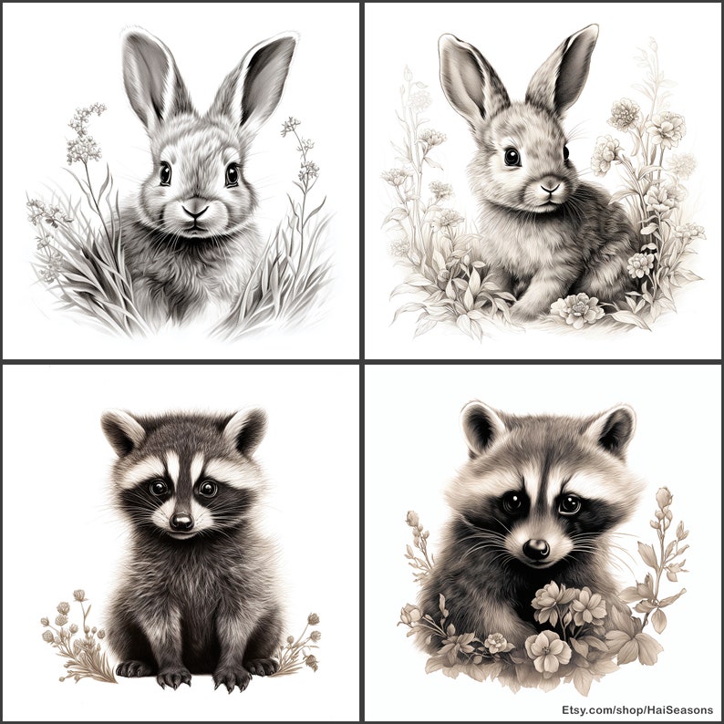 Cute Baby Forest Critters Clipart Pack 20 Black and White - Etsy