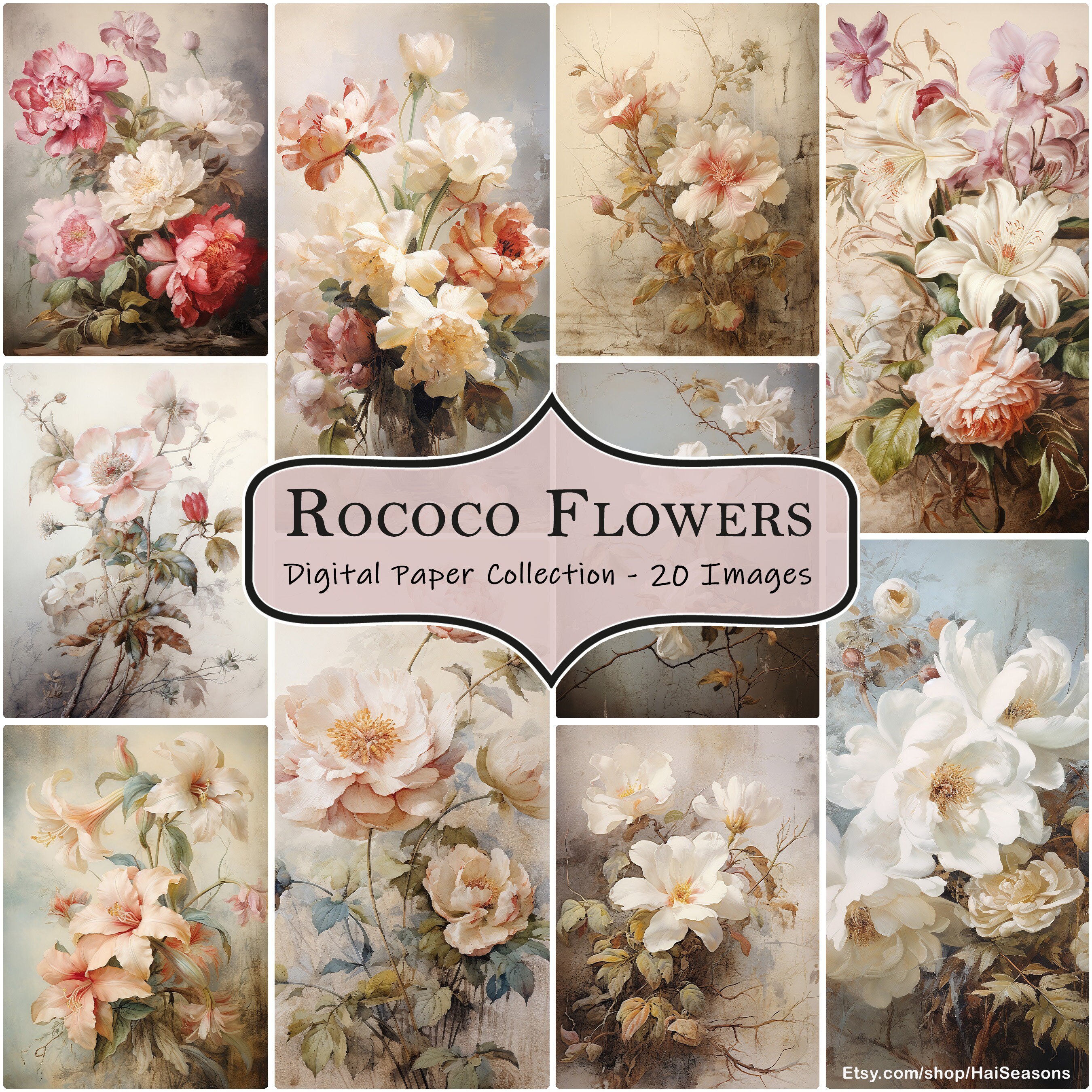 Rococo Flowers Digital Paper Pack 20 JPG Images Instant - Etsy