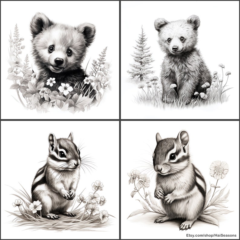 Cute Baby Forest Critters Clipart Pack 20 Black and White - Etsy