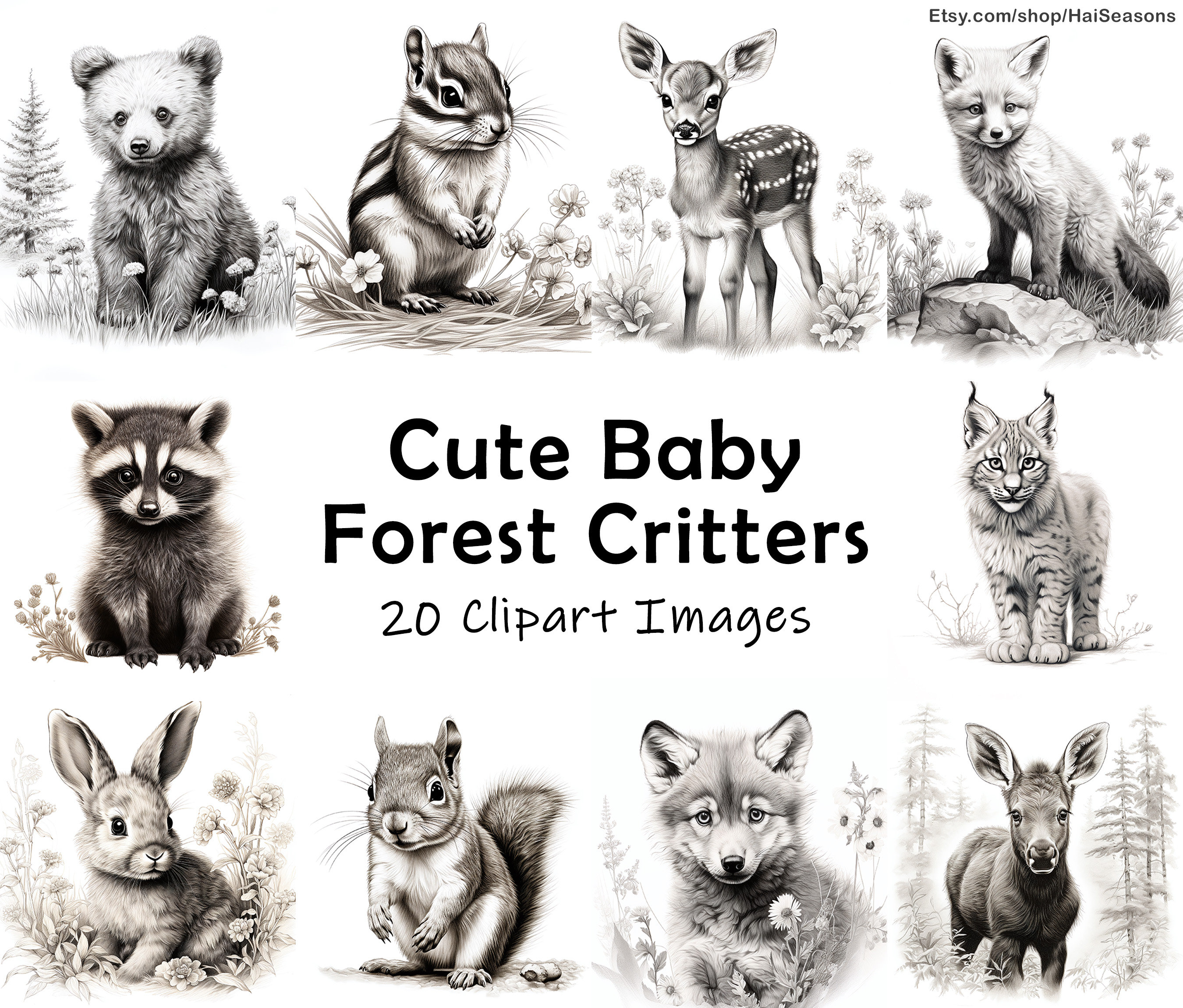 Cute Baby Forest Critters Clipart Pack 20 Black and White - Etsy