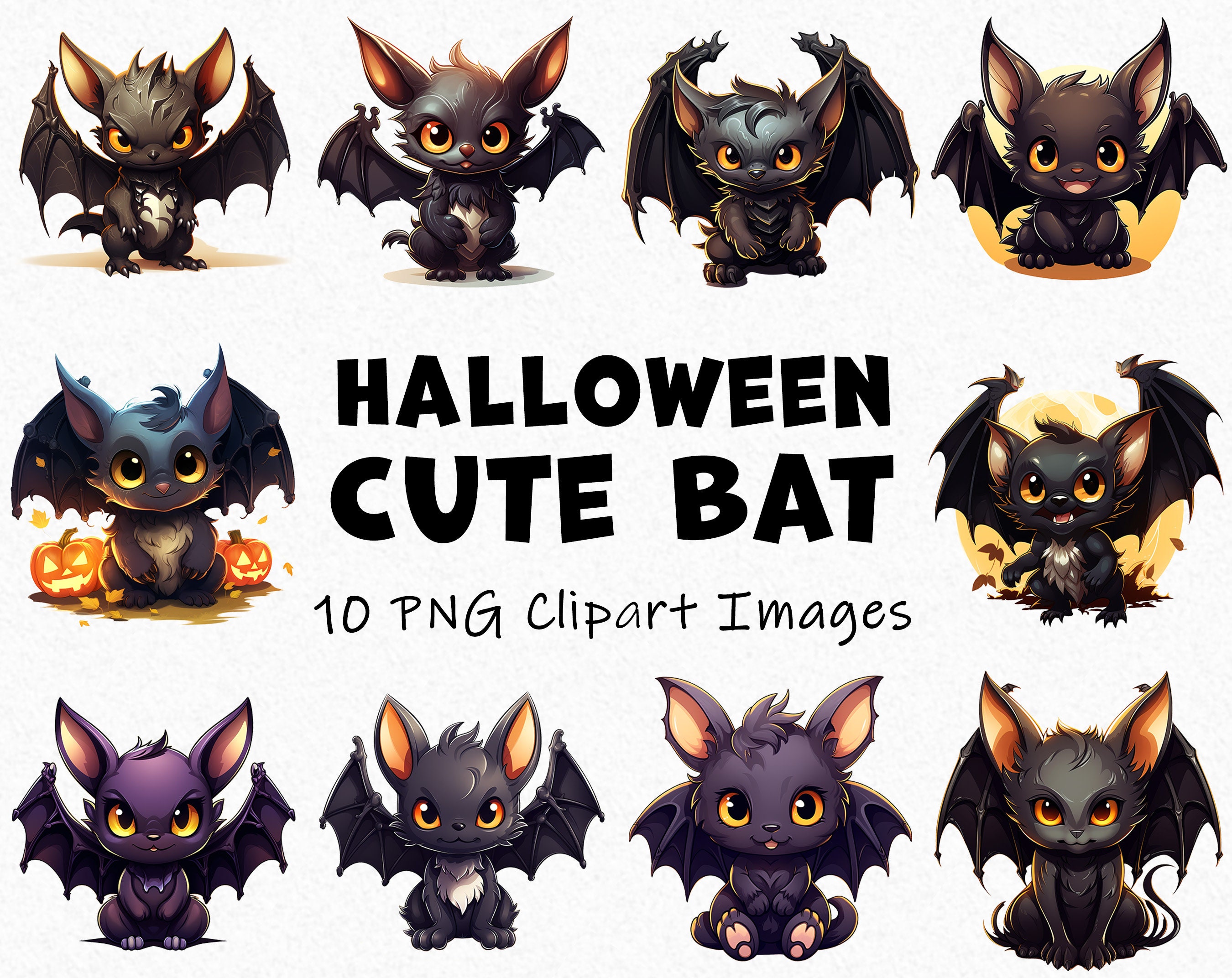 Cute Halloween Bat Clipart Pack 10 PNG Images Instant - Etsy