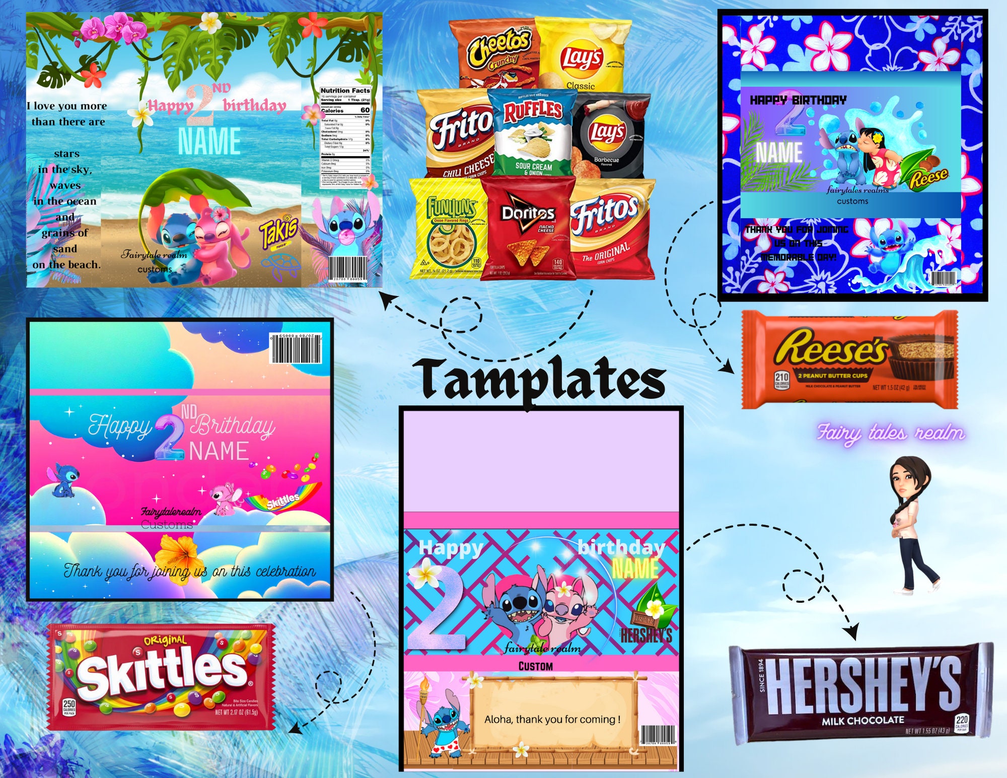 Lilo, and Stitch Birthday Party Chip Bag, Hershey Bar, Reeses, and Skittles Printable Template ...