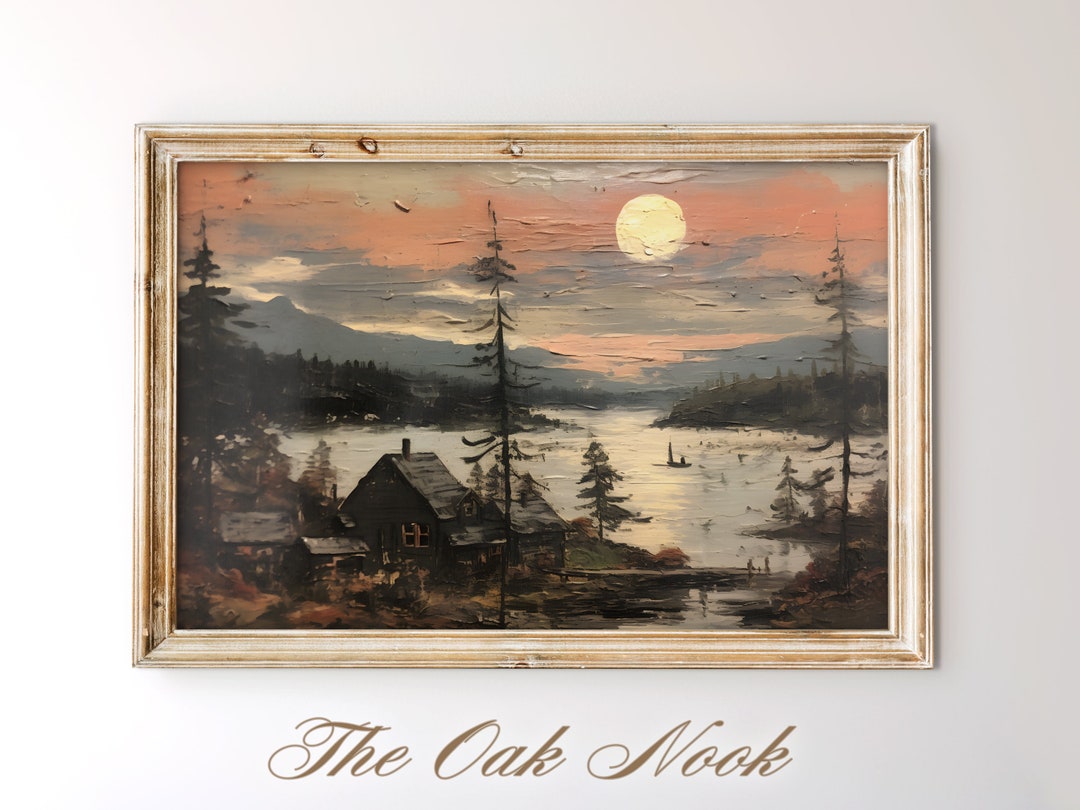 Printable Vintage Mountain Landscape Painting, Rustic Sunset Scene ...