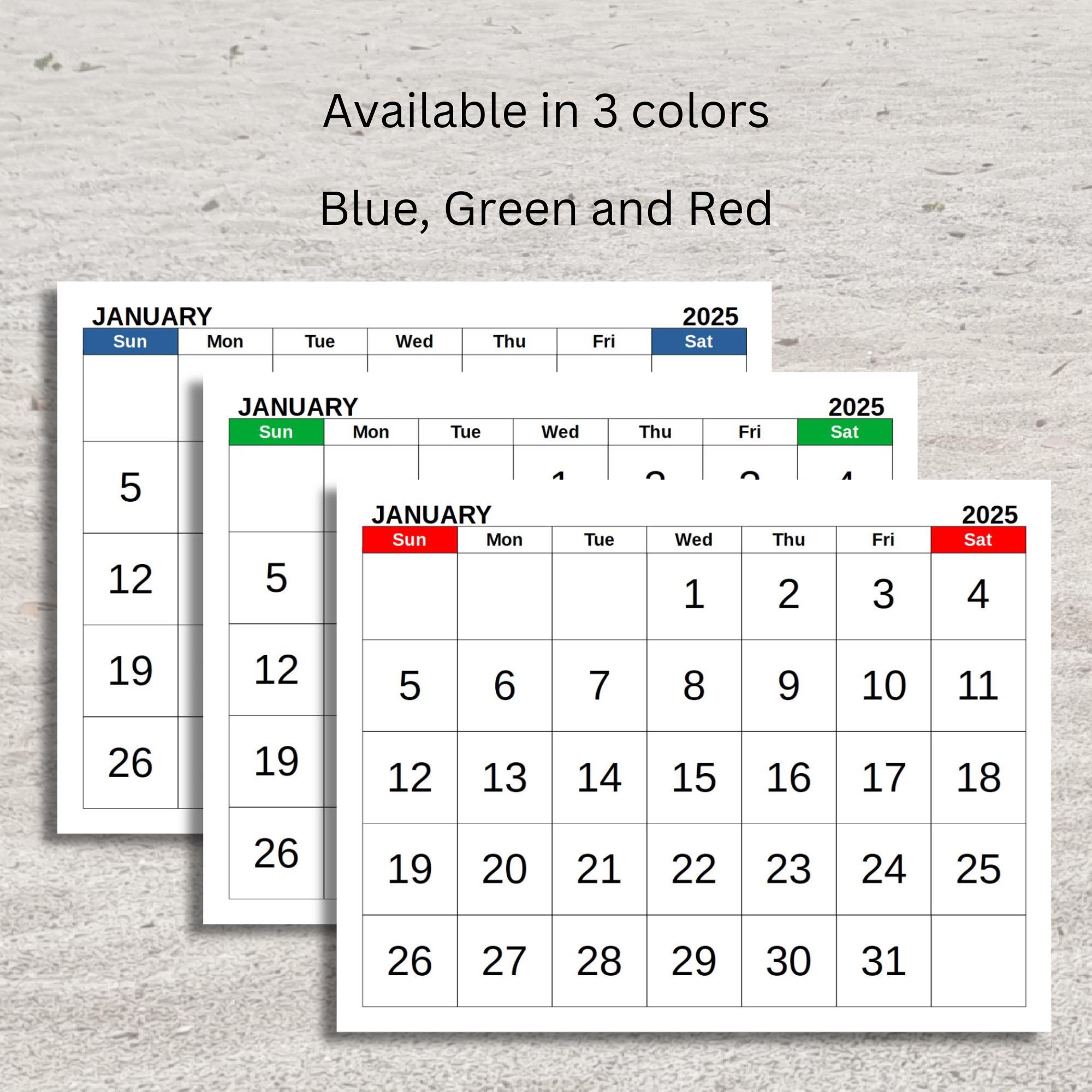 Printable 2025 Calendar, Sunday Start, Landscape, A4 , A5 and Letter ...