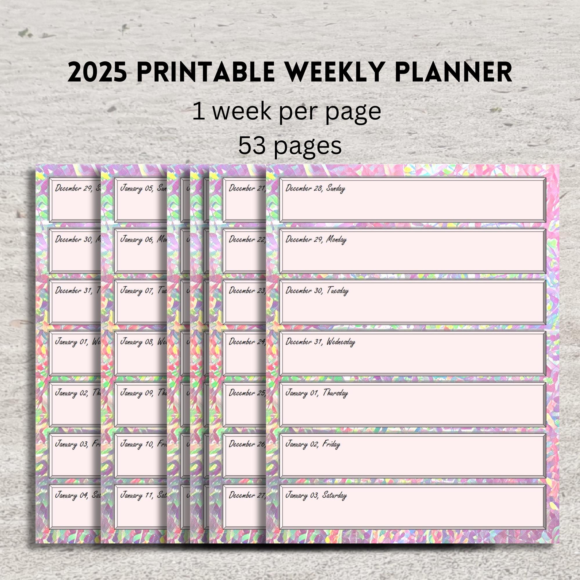 Printable 2025 Weekly Dated Planner, Sunday Start, Portrait, Horizontal ...