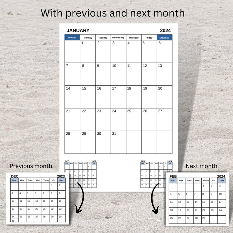 Printable 2024 Calendar Sunday Start Portrait Box Style A4 - Etsy