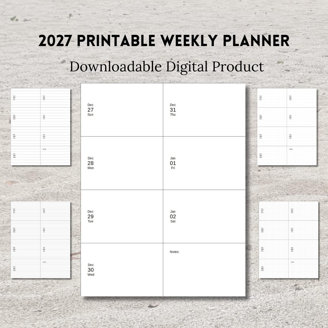 Printable 2027 Weekly Dated Planner, Sunday Start, Portrait, Box ...