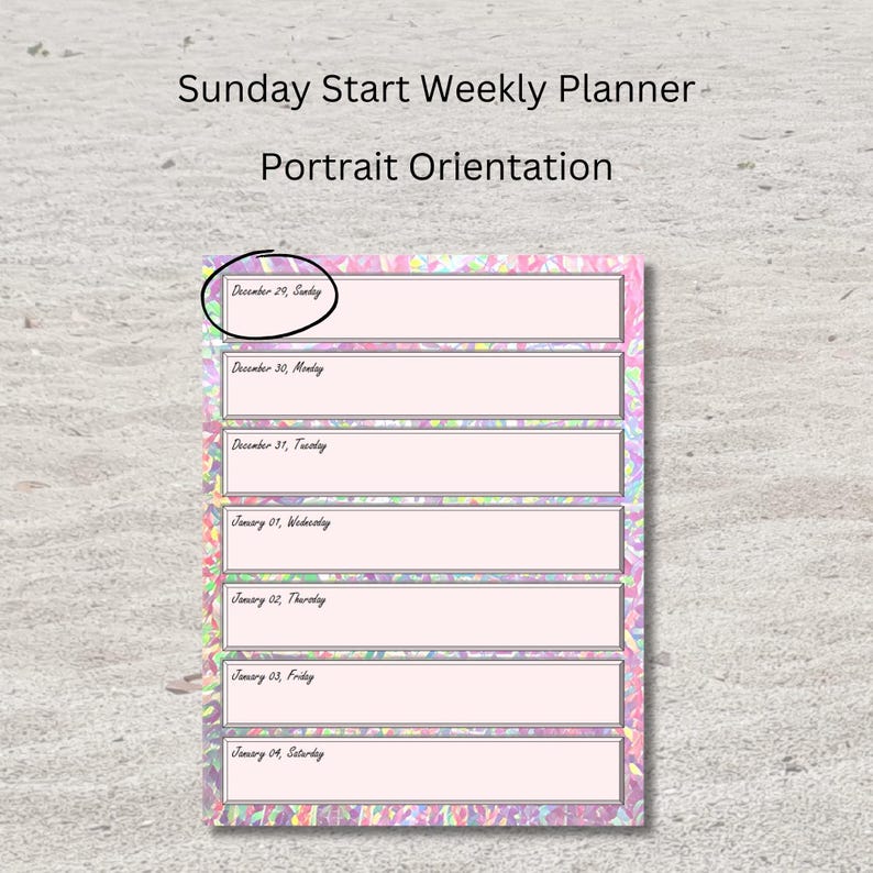 Printable 2025 Weekly Dated Planner, Sunday Start, Portrait, Horizontal ...