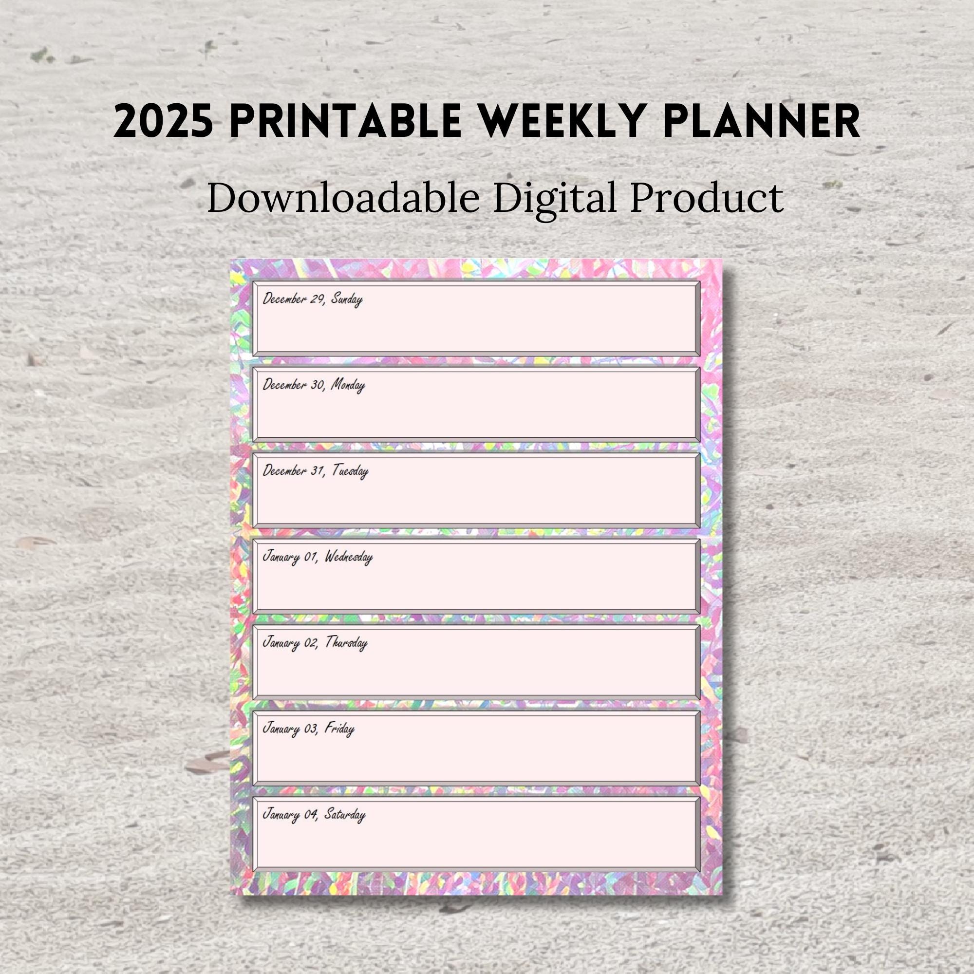 Printable 2025 Weekly Dated Planner, Sunday Start, Portrait, Horizontal ...
