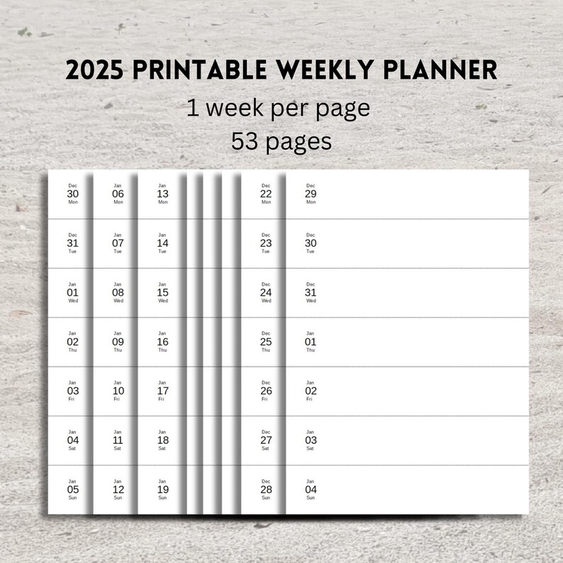 Printable 2025 Weekly Dated Planner, Monday Start, Portrait, Horizontal ...