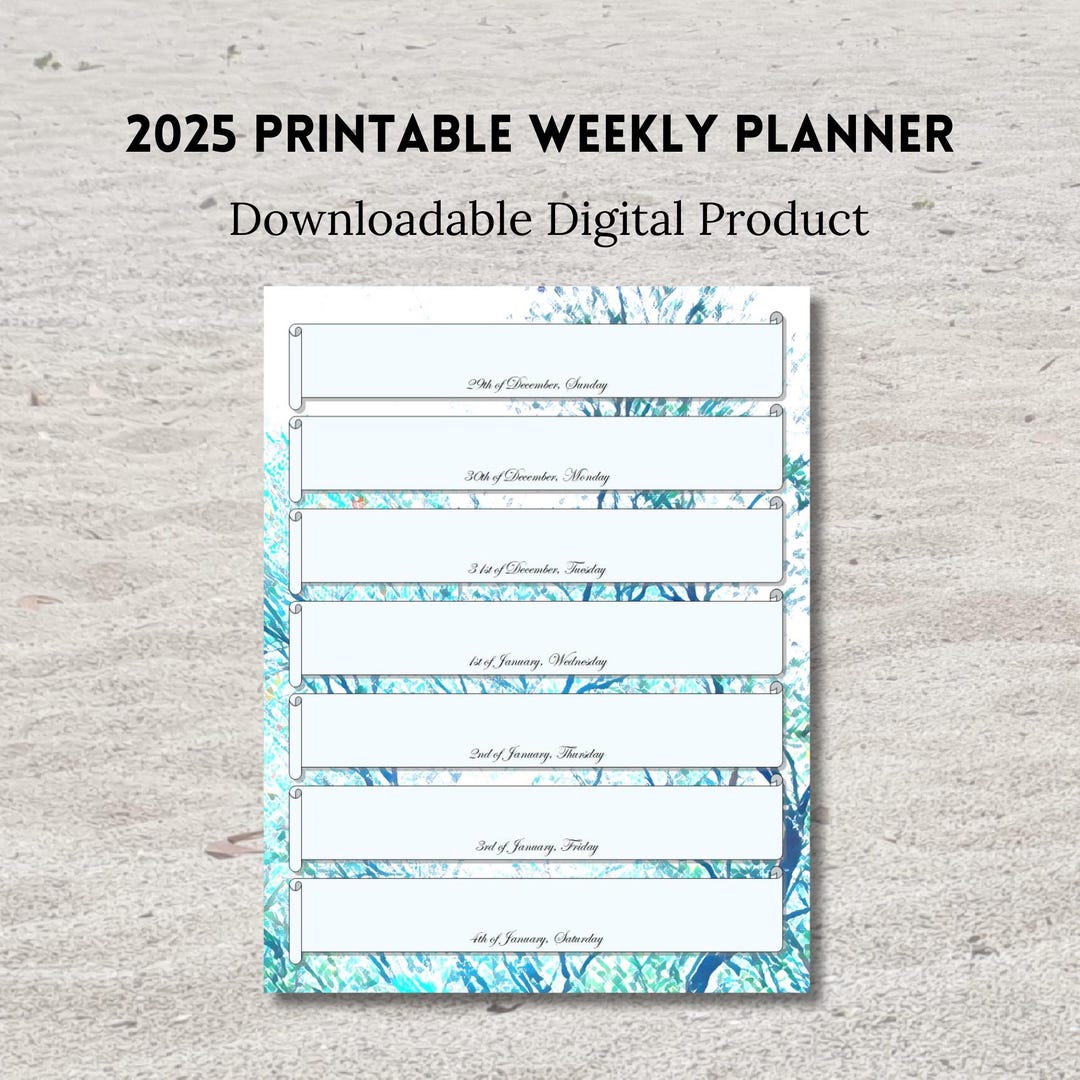 Printable 2025 Weekly Dated Planner, Sunday Start, Portrait, Horizontal ...