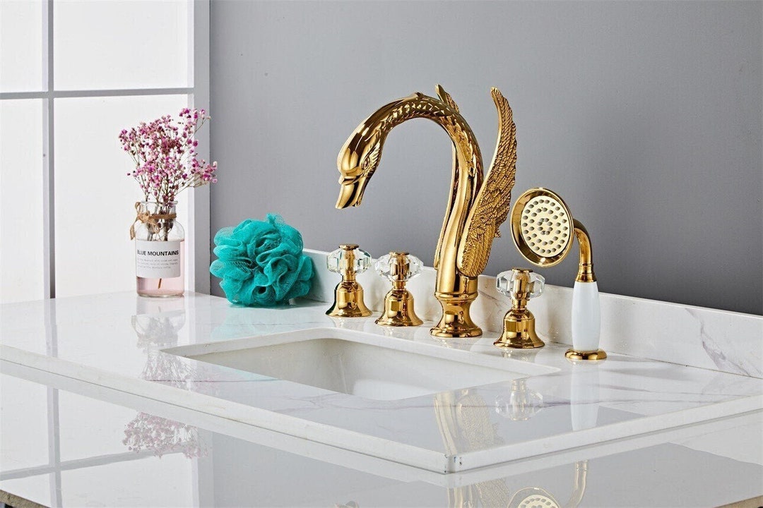 Bathtub Swan Faucet Mixer Solid Brass Gold Swan 5 Hole Hot Cold Crystal ...