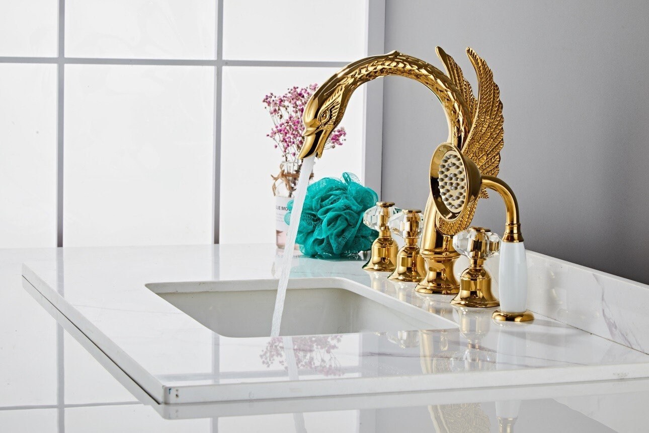 Bathtub Swan Faucet Mixer Solid Brass Gold Swan 5 Hole Hot Cold Crystal ...