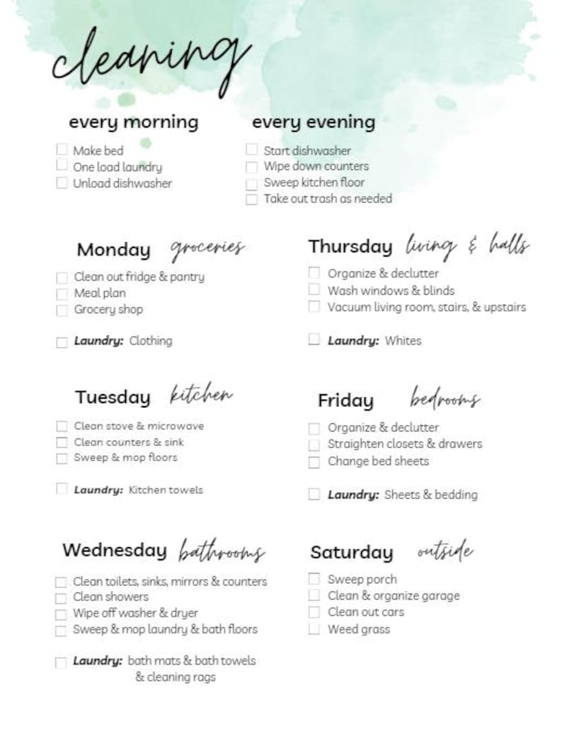 EDITABLE Weekly Home Cleaning Schedule Checklist - Etsy