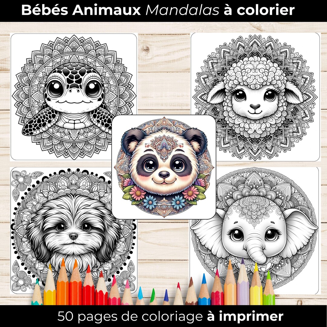 Anti-stress Coloring Pages of Baby Animals Mandalas With Big Eyes, for ...