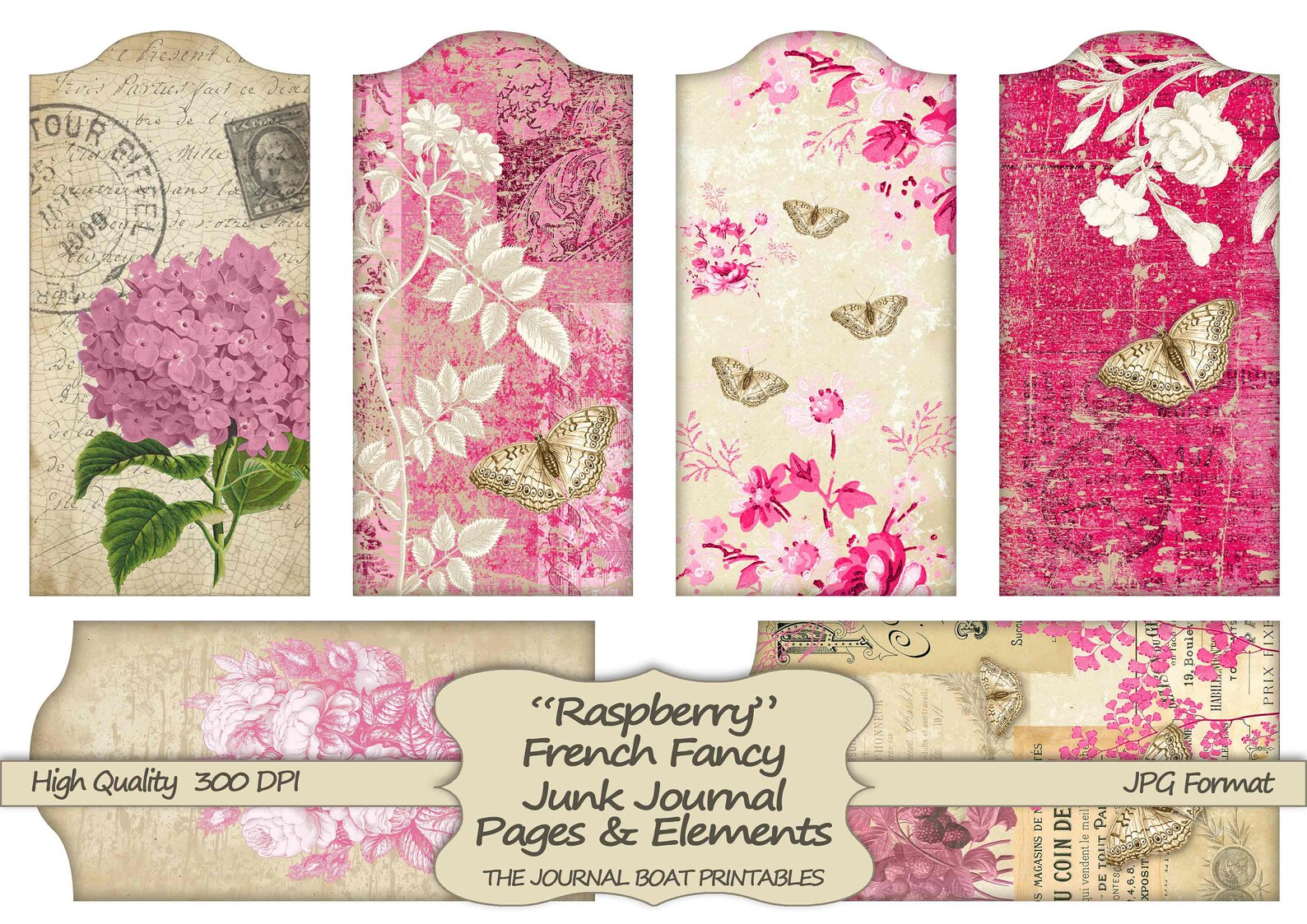 Printable Junk Journal Kit, Raspberry French Fancy, Ephemera, Journal ...