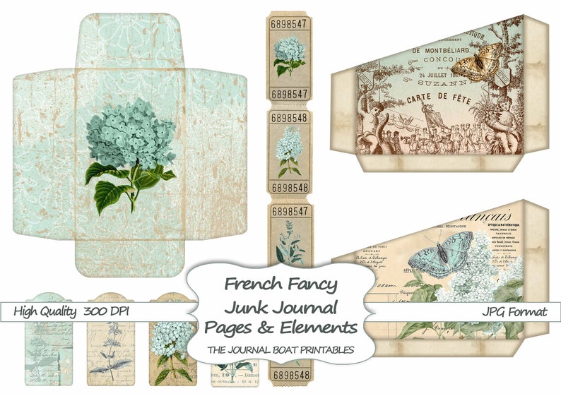 Printable Junk Journal Kit, French Fancy, Ephemera, Duck Egg Blue ...