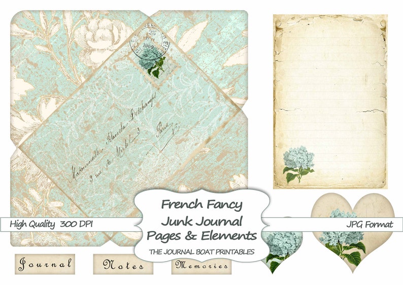Printable Junk Journal Kit, French Fancy, Ephemera, Duck Egg Blue ...