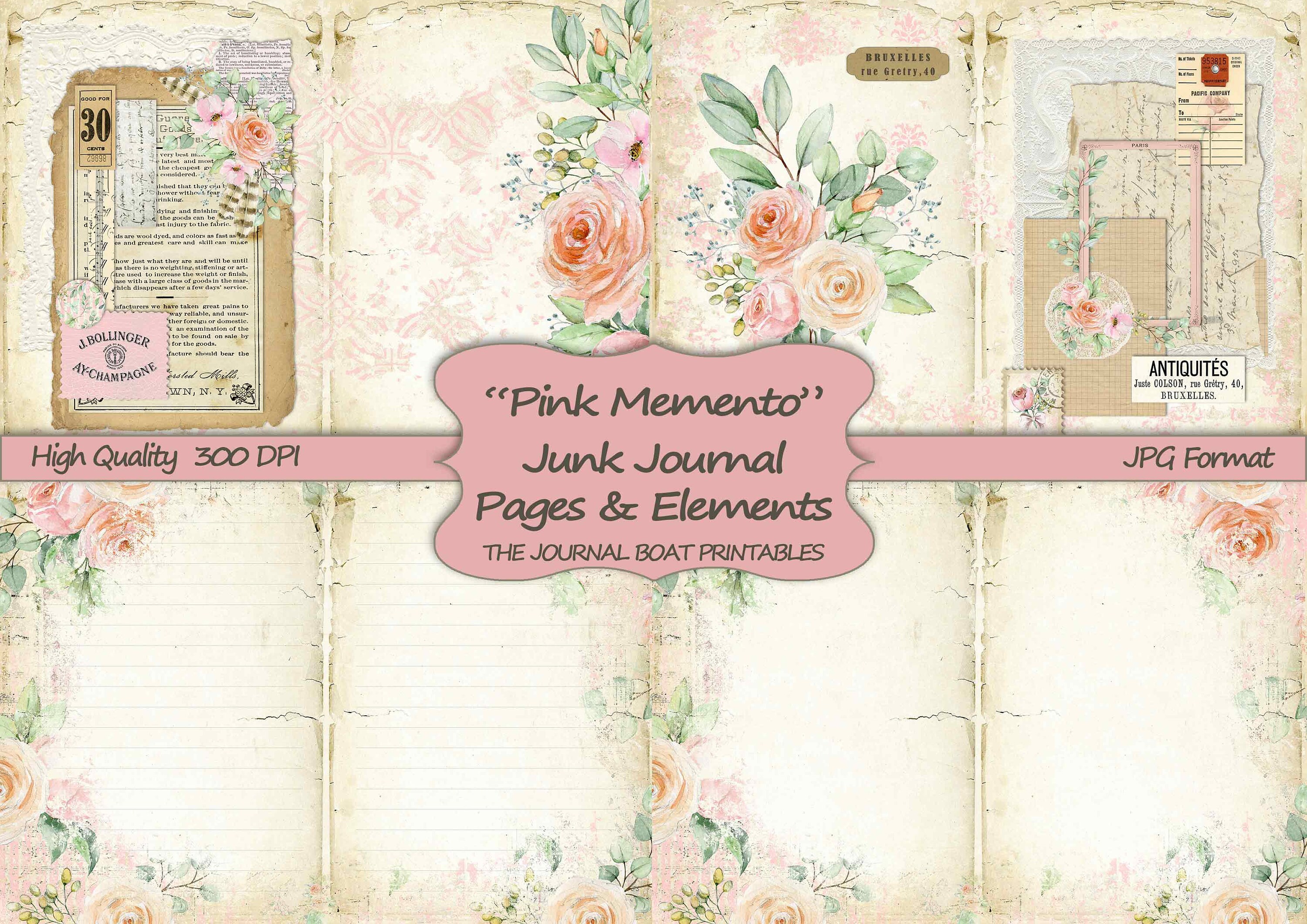 Junk Journal Kit, Pink Memento, Vintage Ephemera, Collage Sheets ...